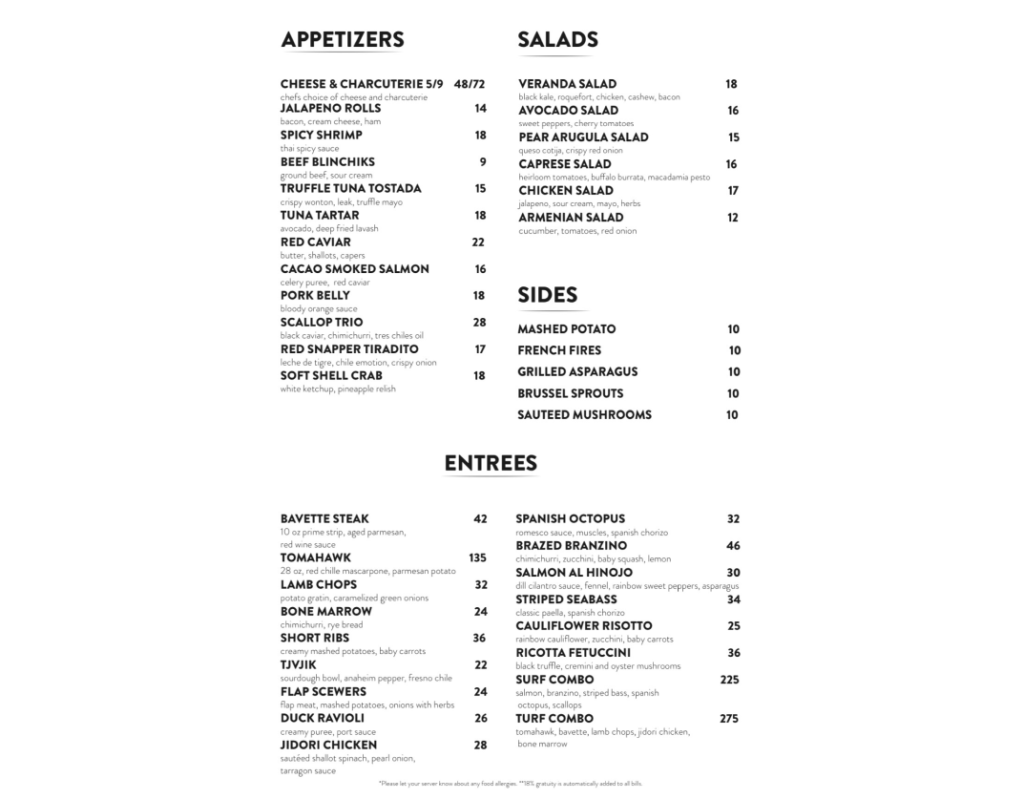 Menu | Veranda Lounge